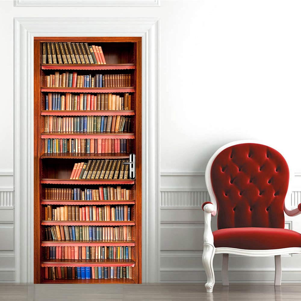Wooden Bookshelf Door Stickers Spiral Staircase Library Retro ...