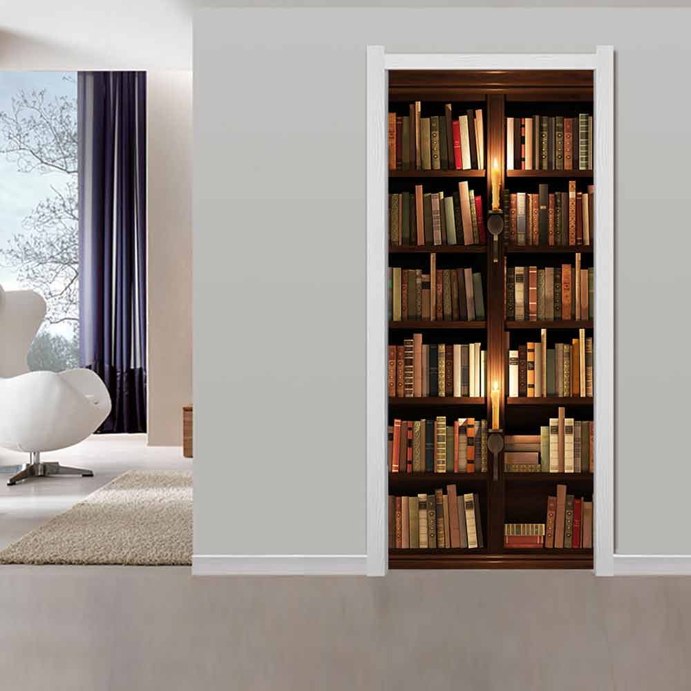 Wooden Bookshelf Door Stickers Spiral Staircase Library Retro ...