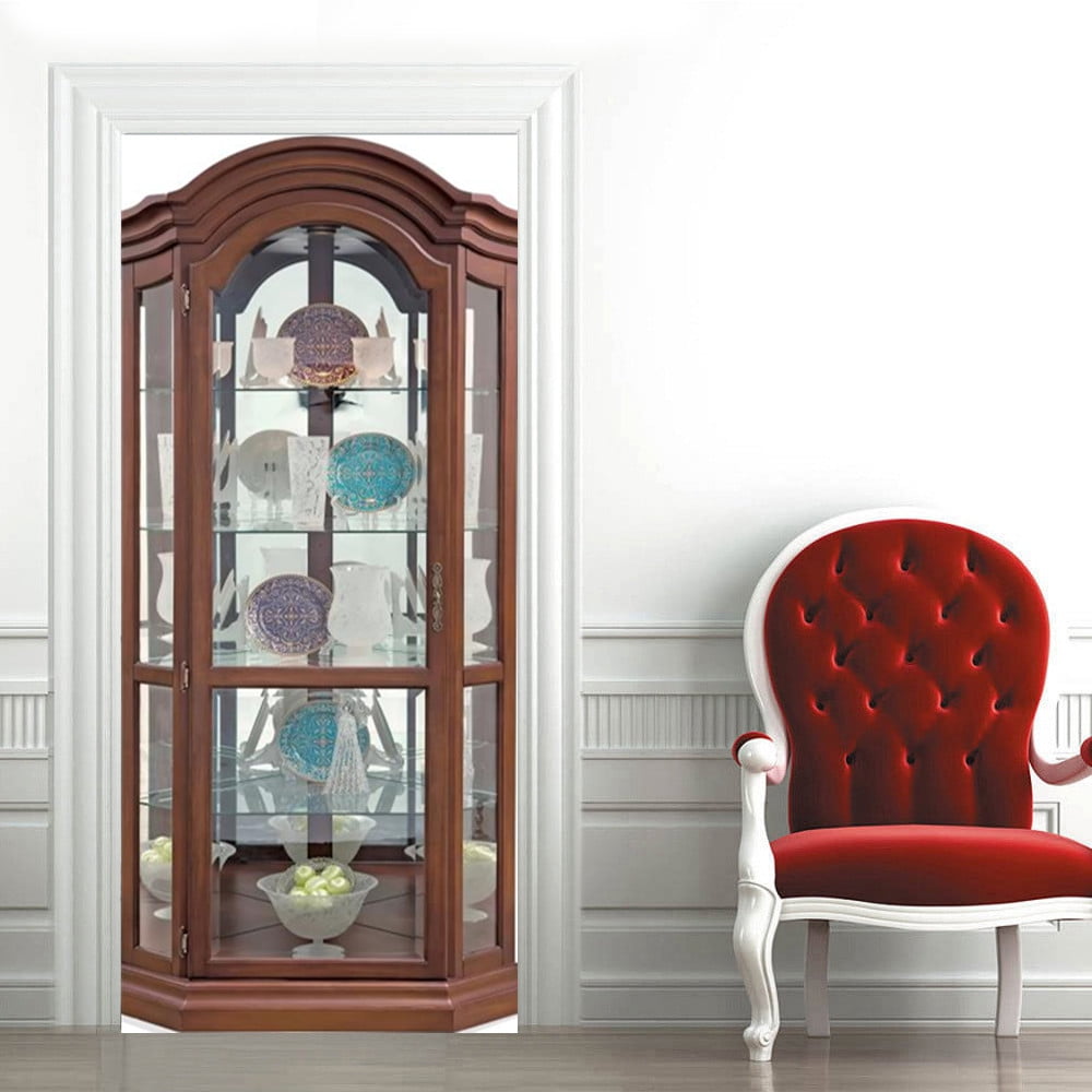 Wooden Bookshelf Door Stickers Spiral Staircase Library Retro ...