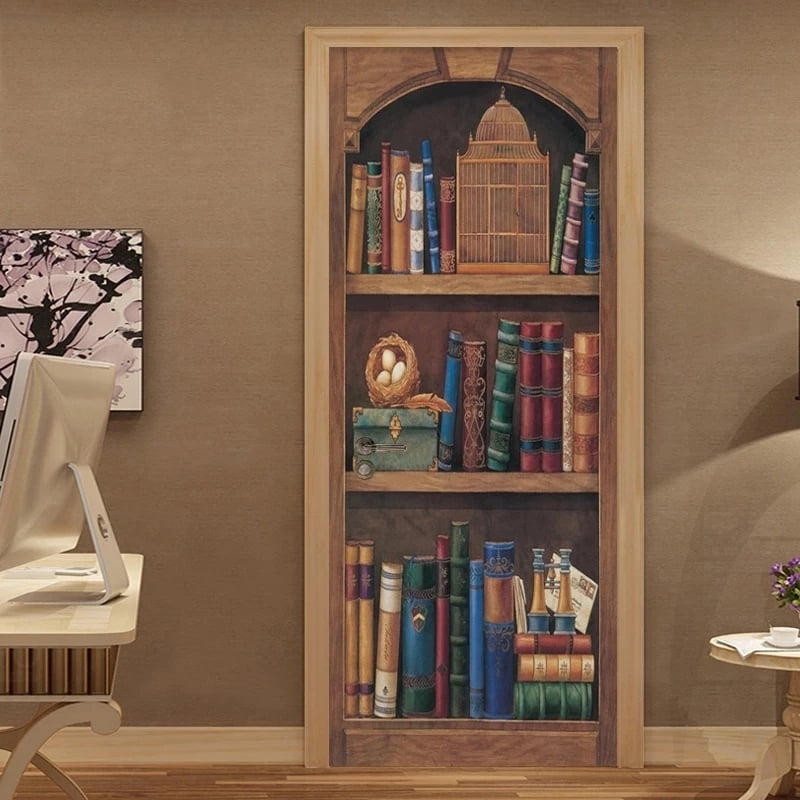 Wooden Bookshelf Door Stickers Spiral Staircase Library Retro ...
