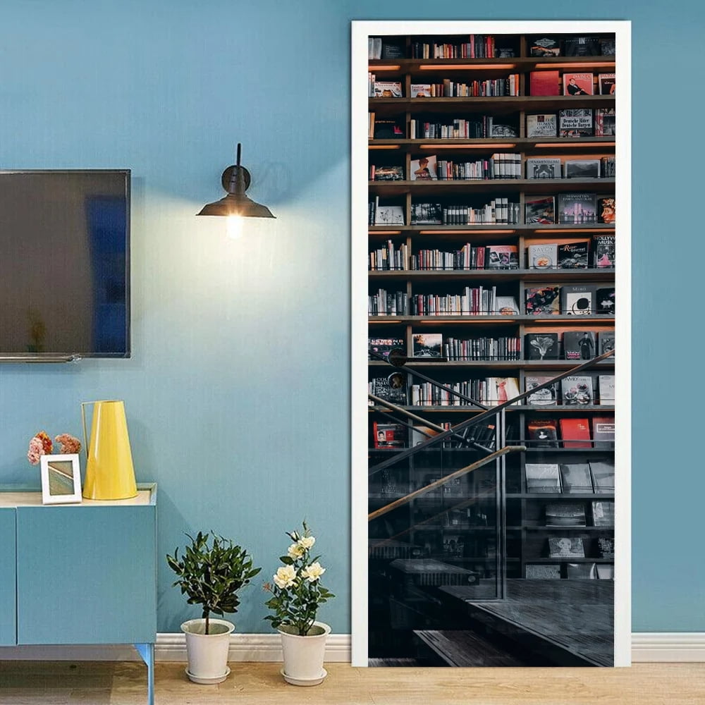 Wooden Bookshelf Door Stickers Spiral Staircase Library Retro ...