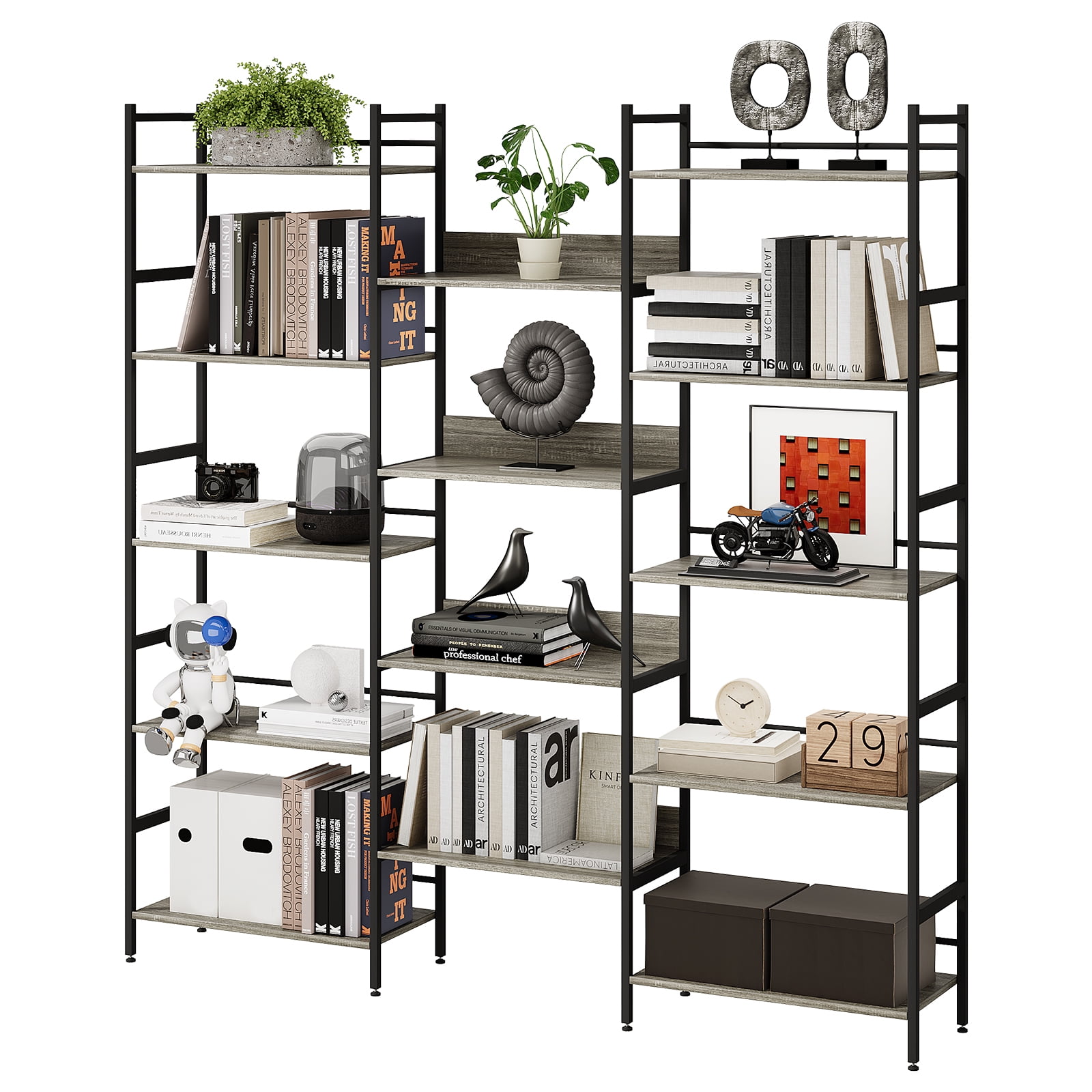 Wooden Bookshelf, Triple Wide 5 Tiers Industrial Bookcase with 14 Open ...