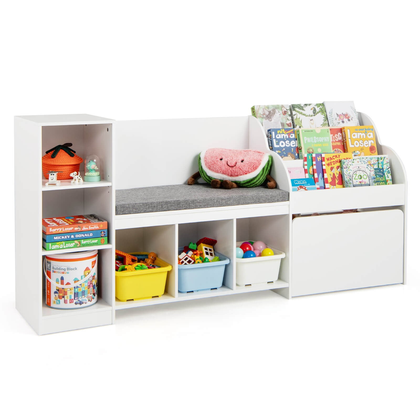 Wooden Bookshelf w/Reading Nook Padded Seat Open Cubes Adjustable Shelf ...