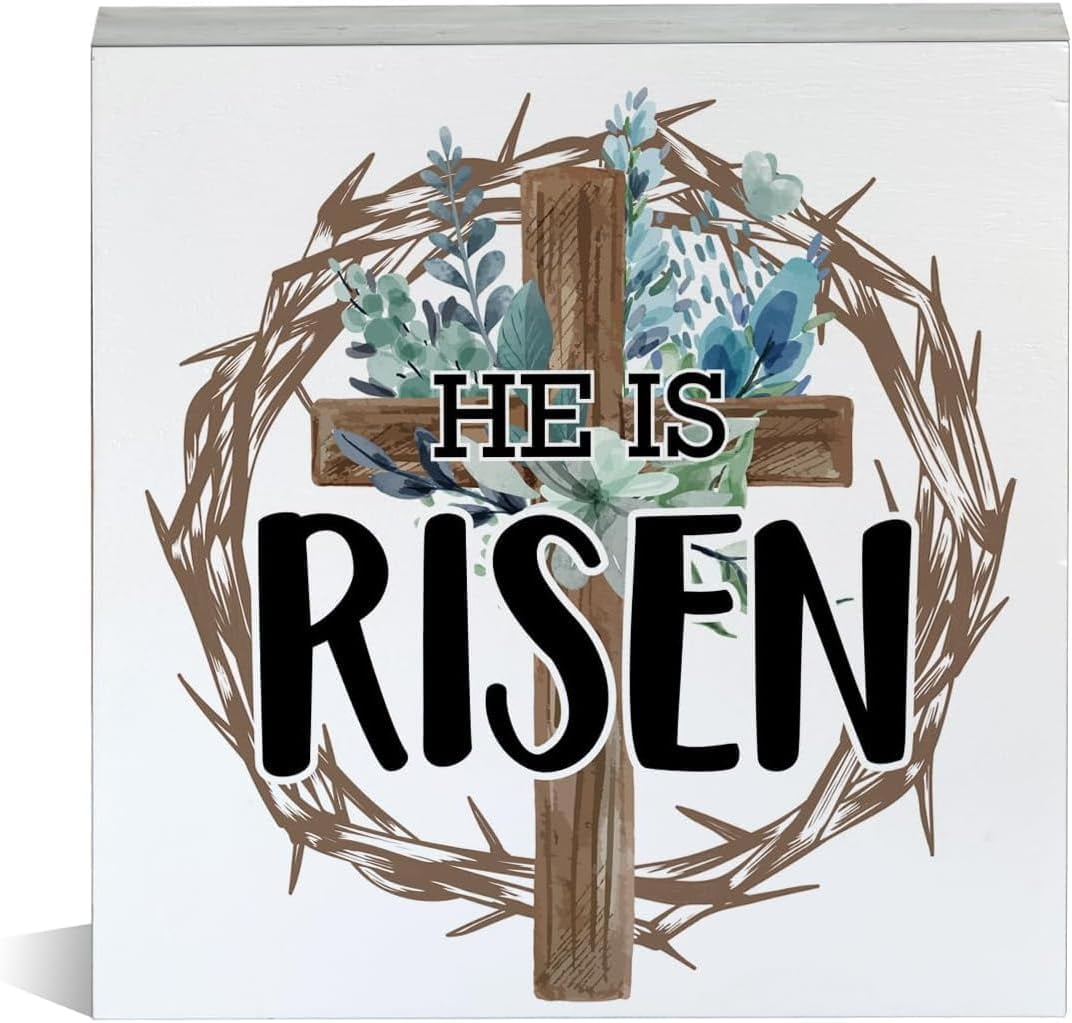Wooden Box 5x5 Inch Easter Decor He Is Risen Sign Rustic Religious ...
