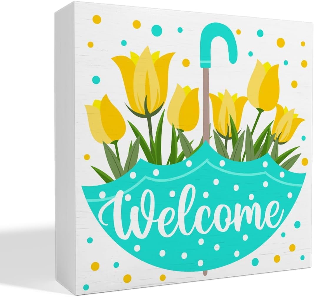Wooden Box 5x5 Inch Spring Decor Welcome Sign, Spring Tulips Umbrella ...