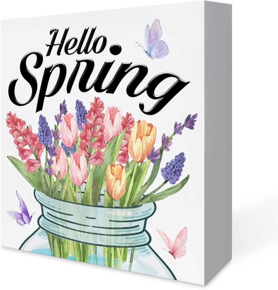 Wooden Box 5x5 Inch Spring Flowers Decor,Hello Spring Wooden Box Sign ...