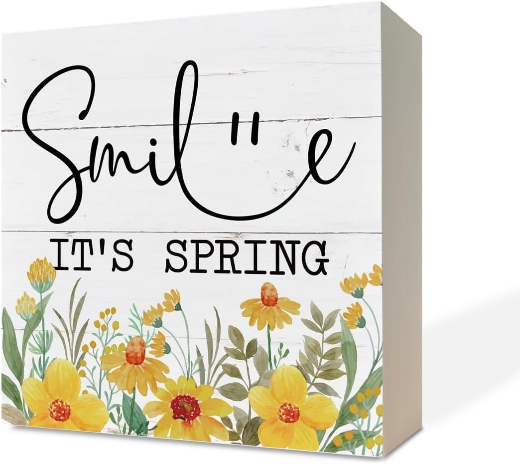 Wooden Box 5x5 Inch Spring Sign Wooden Box Sign Desk Decor White Wood ...