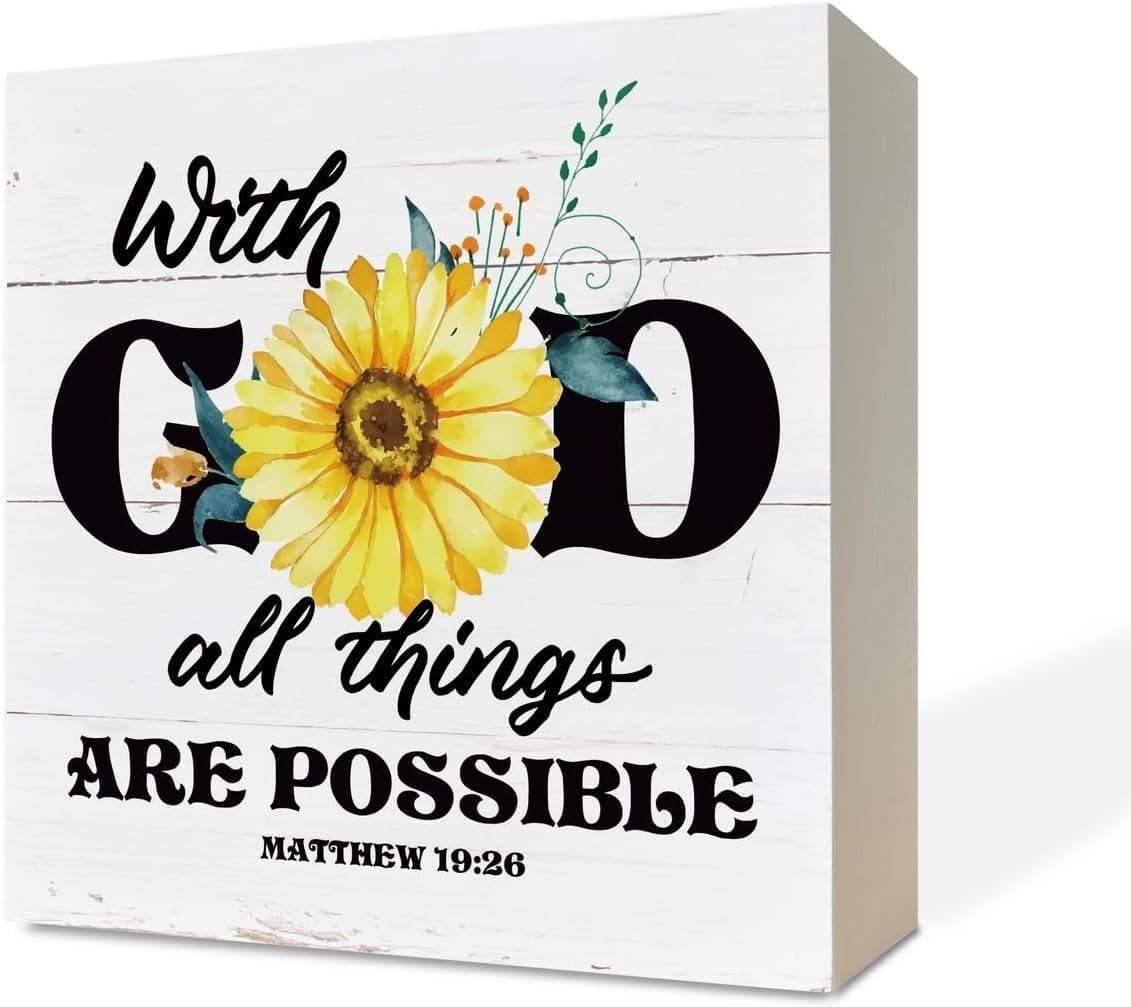 Wooden Box 7x7 Inch Christian Wood Signs Bible Verse Mathew 19:26 With ...