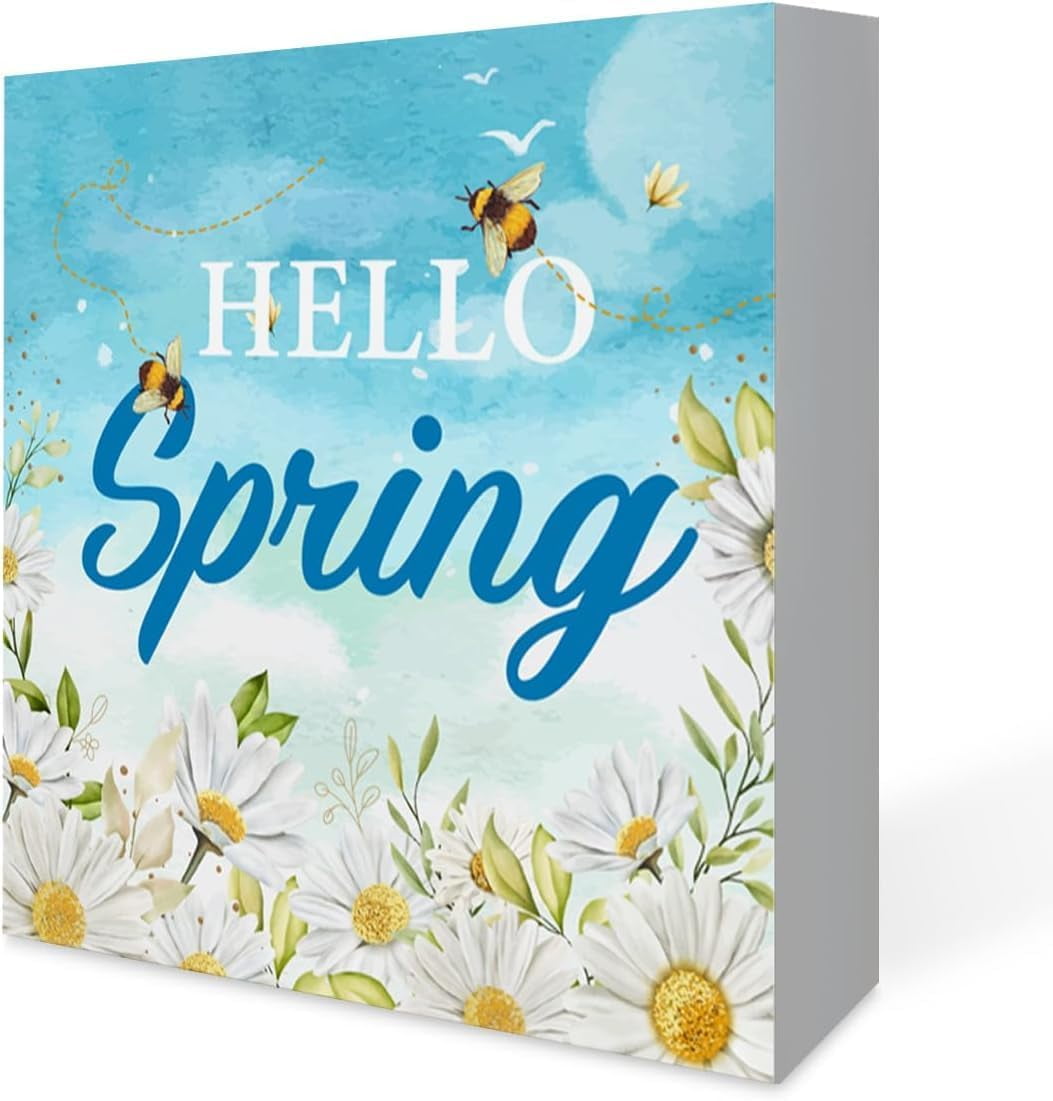 Wooden Box 7x7 Inch Hello Spring Wooden Box Sign Spring Decor Bee Sign ...