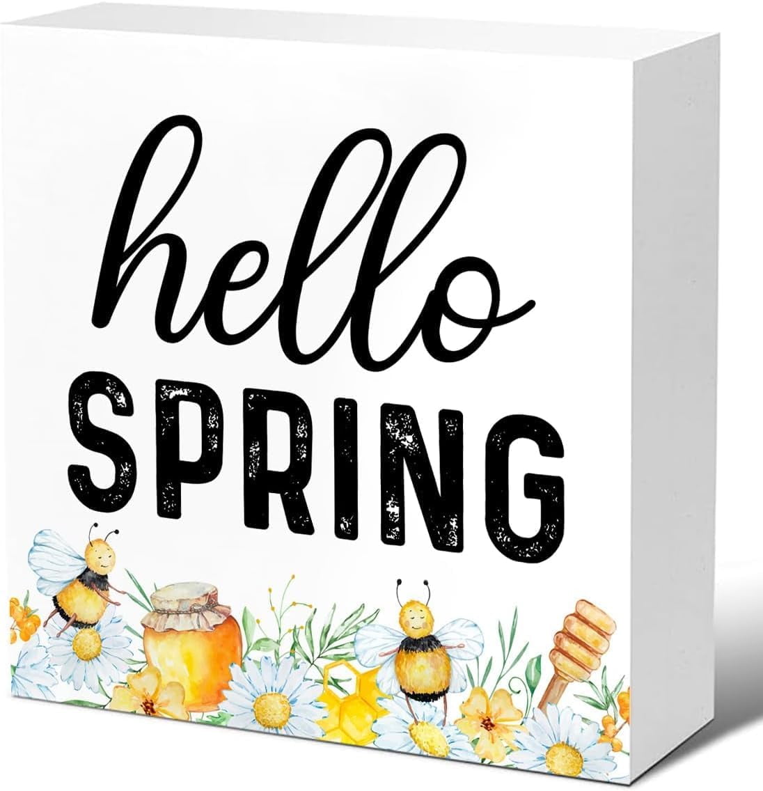 Wooden Box 7x7 Inch Spring Decor, Farmhouse Spring Welcome Sign Hello ...
