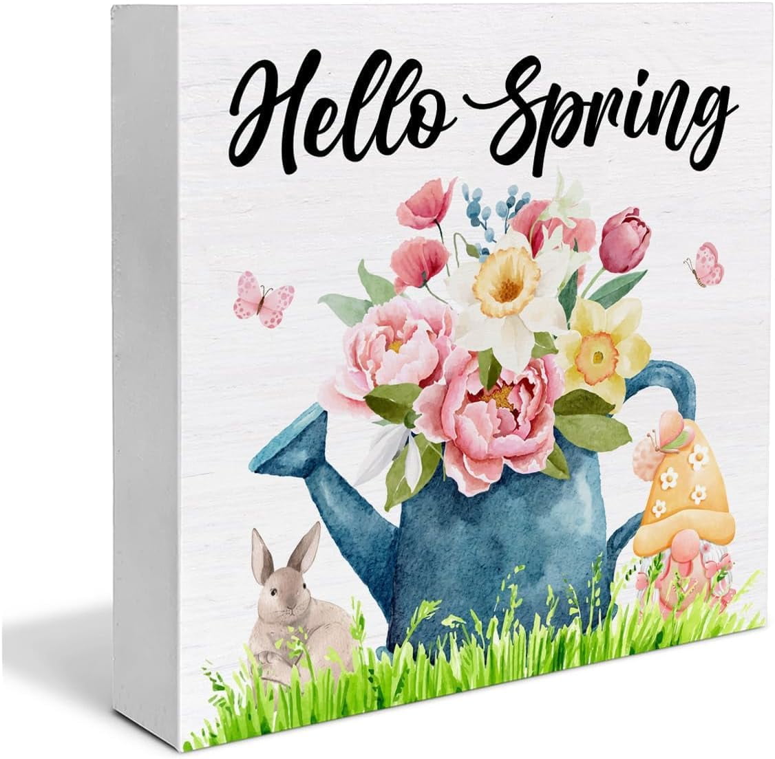 Wooden Box 7x7 Inch Spring Decor Rustic Hello Spring Floral Wood Block ...