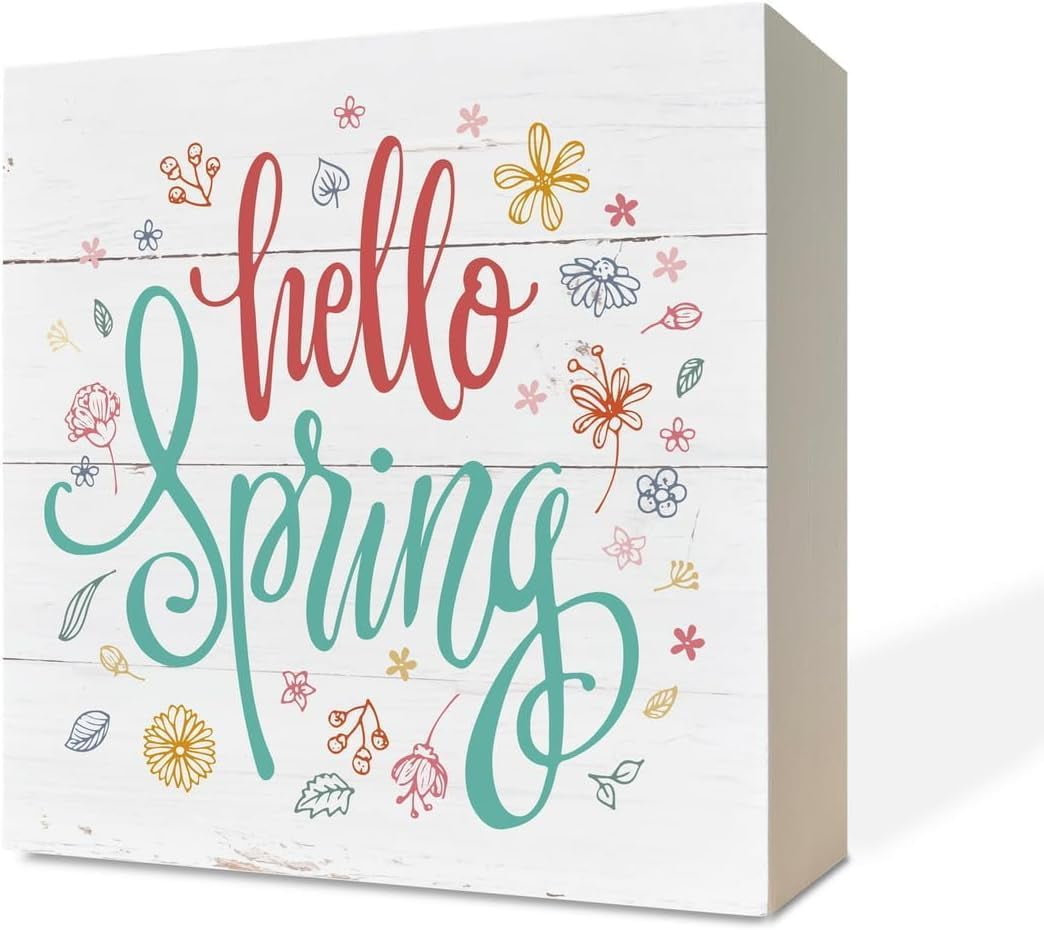 Wooden Box 7x7 Inch Spring Decor Sign Hello Spring Sign Wooden Box Sign ...