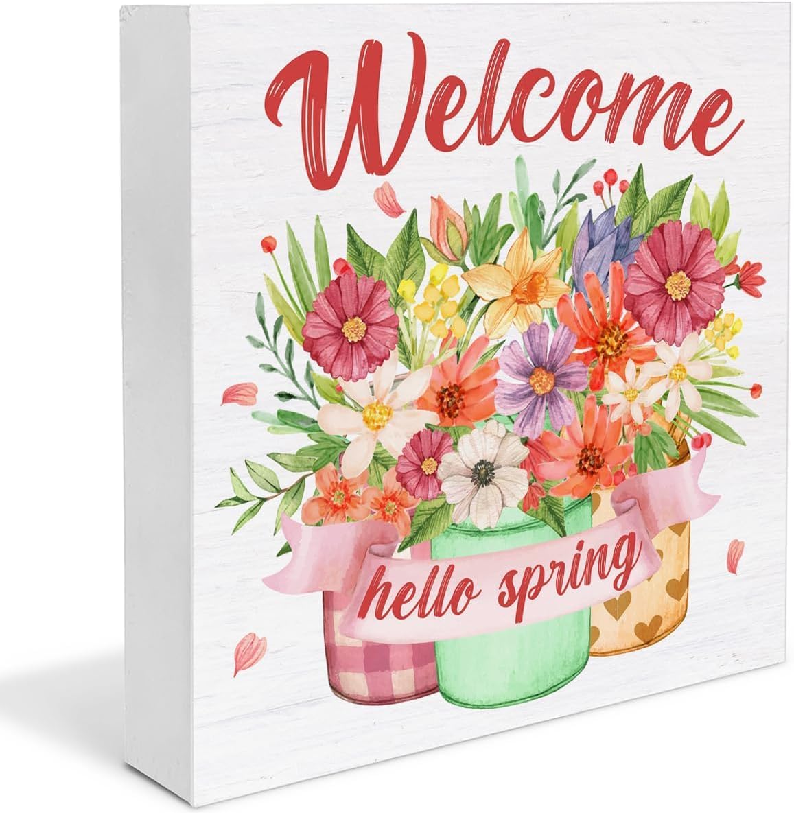 Wooden Box 7x7 Inch Spring Decor Welcome Hello Spring Wooden Sign ...
