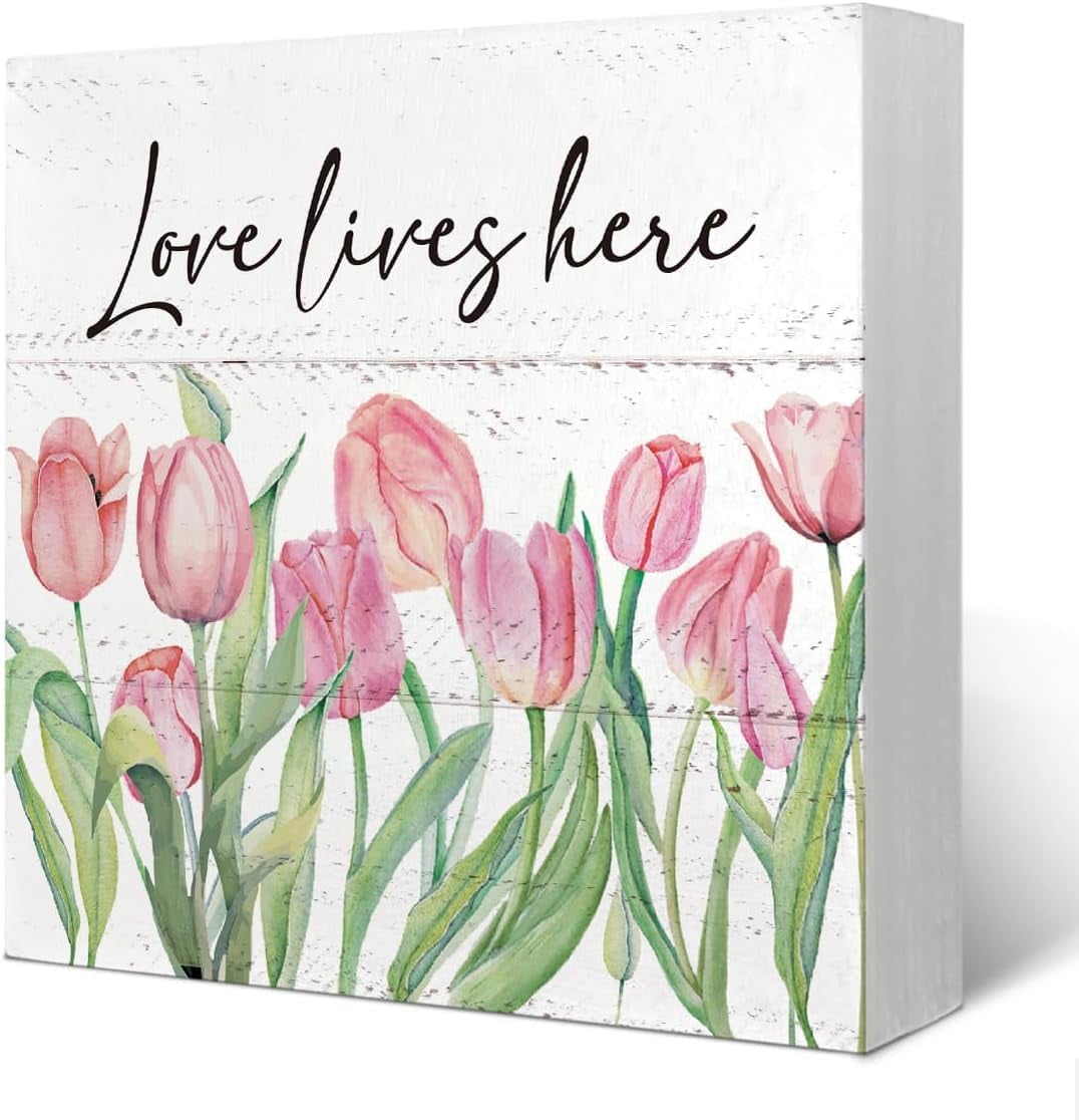 Wooden Box 7x7 Inch Spring Decorations For Home,Spring Tulips Sign,Love ...