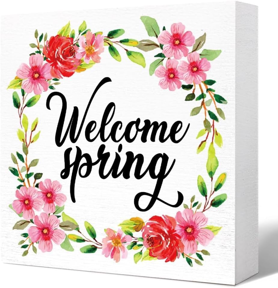 Wooden Box 7x7 Inch Spring Desk Decor,Welcome Spring Wreath Wood Block ...