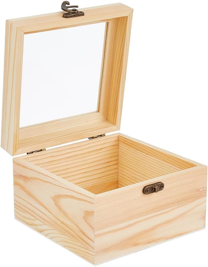 Wooden Box with Glass Lid Unfinished Wood Gift Box 5.9x5.9x3.94 Inch ...