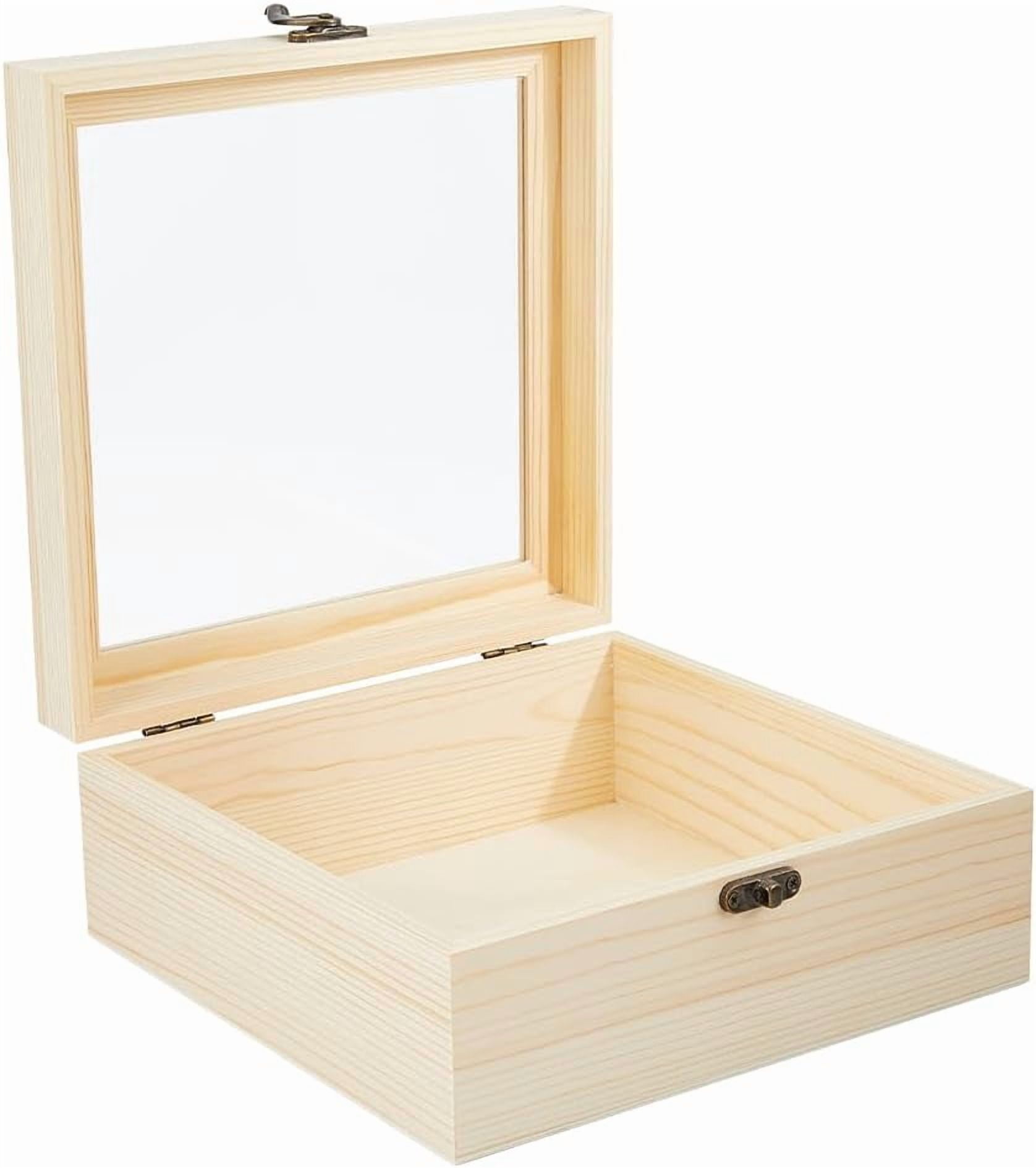 Wooden Box with Glass Lid Unfinished Wood Gift Box 7.87x7.87x3.15 Inch ...