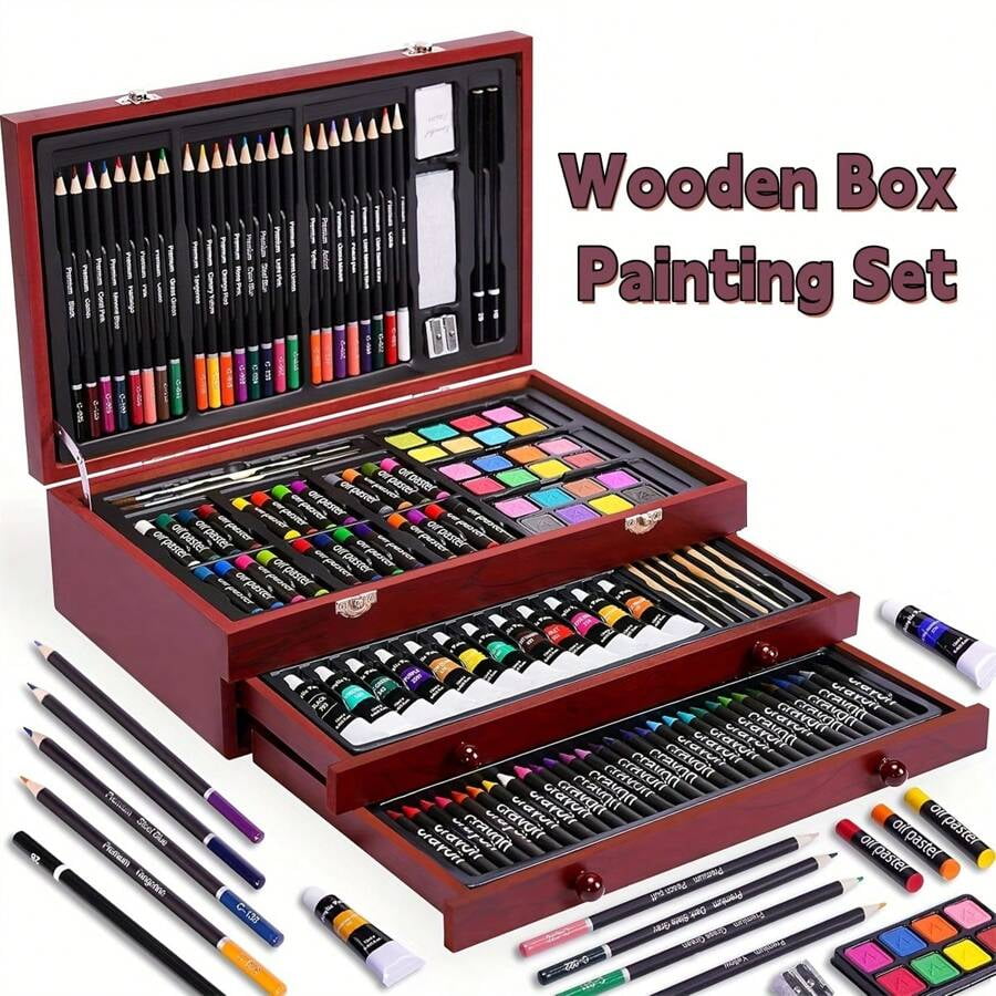 Wooden Box Painting Set-140pcs Deluxe Art Set - Crayons, Acrylic Paints ...