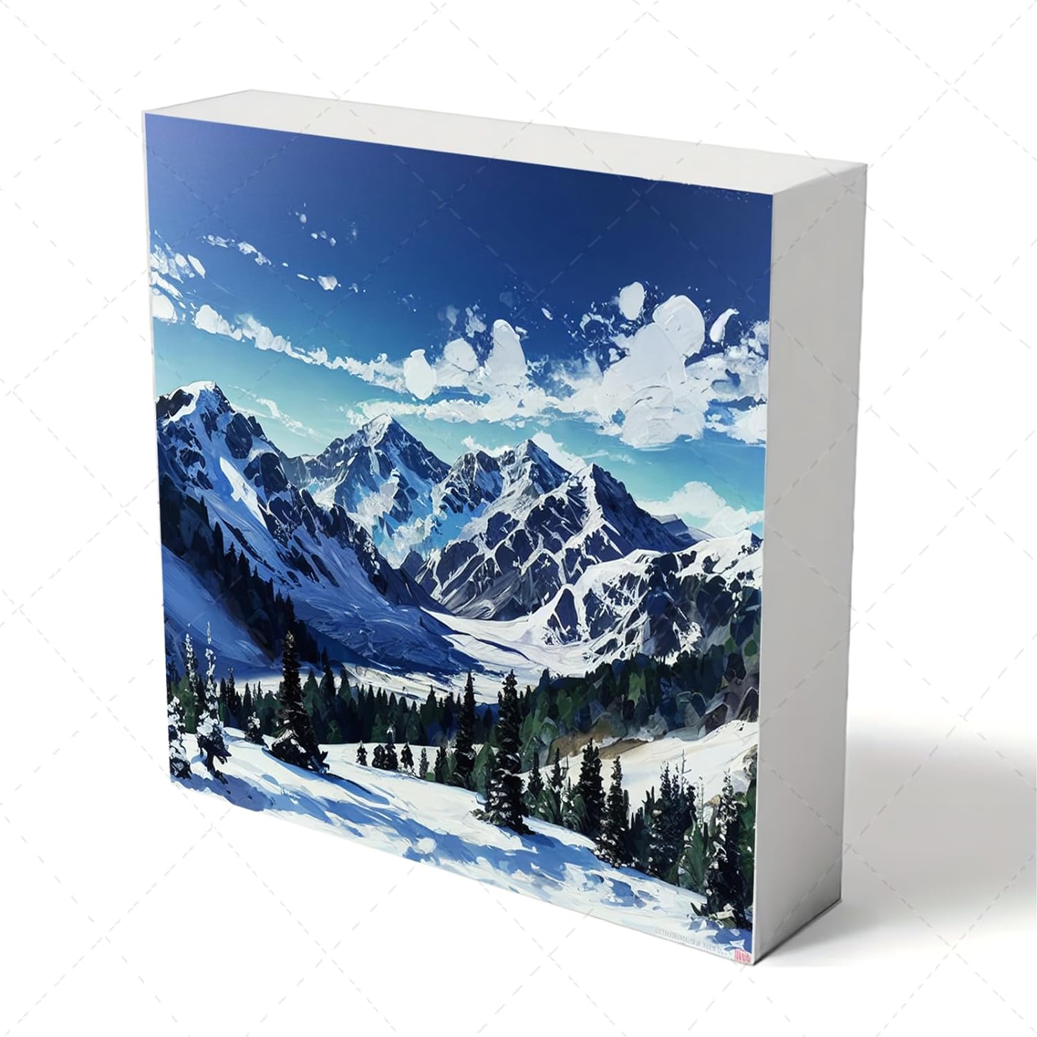 Wooden Box Sign White Mountain Landscape For Home Office Desk Decor 5x5 ...