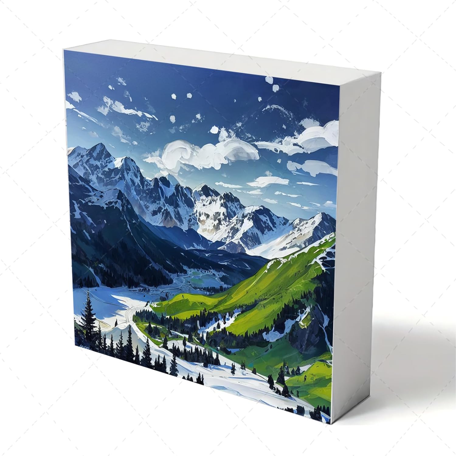 Wooden Box Sign White Mountain Landscape For Home Office Desk Decor 5x5 ...