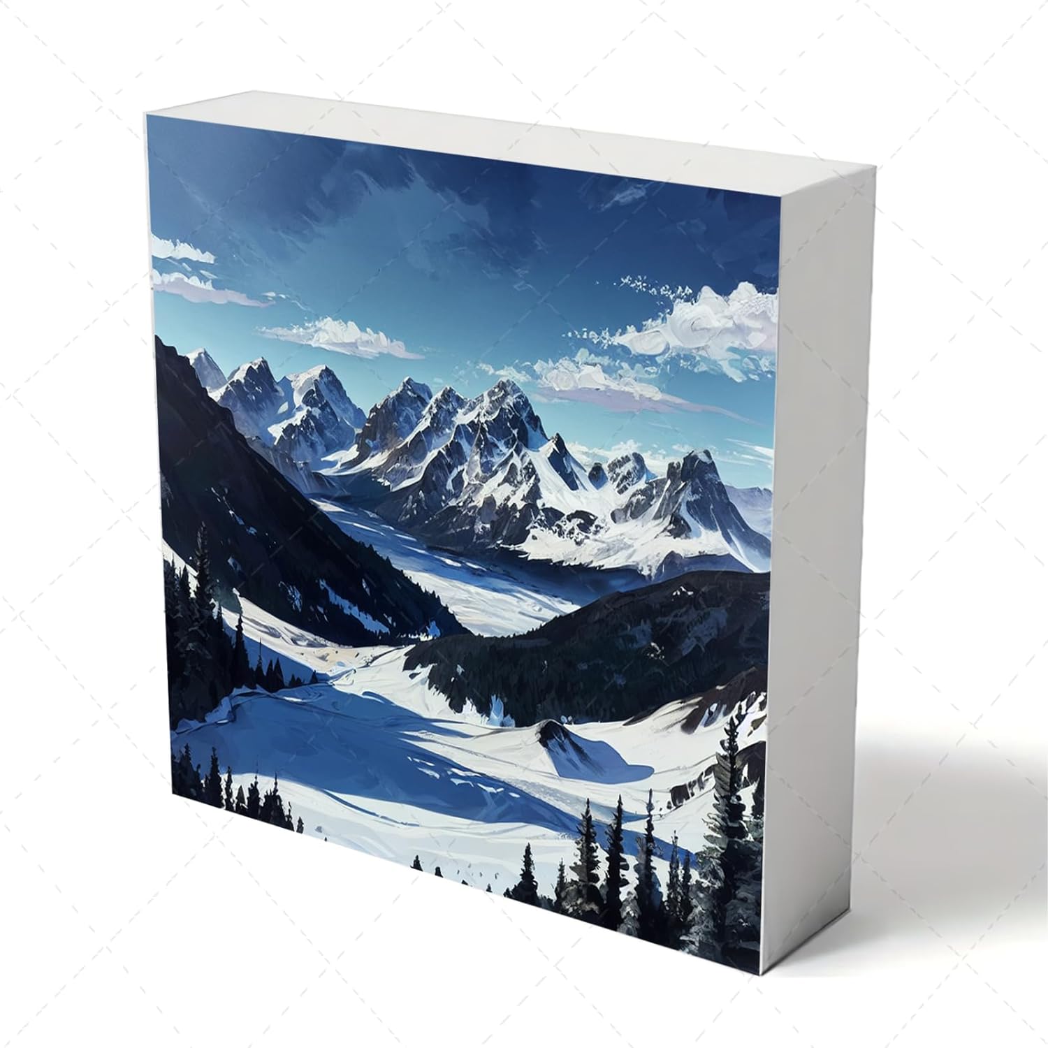 Wooden Box Sign White Mountain Landscape For Home Office Desk Decor 5x5 ...