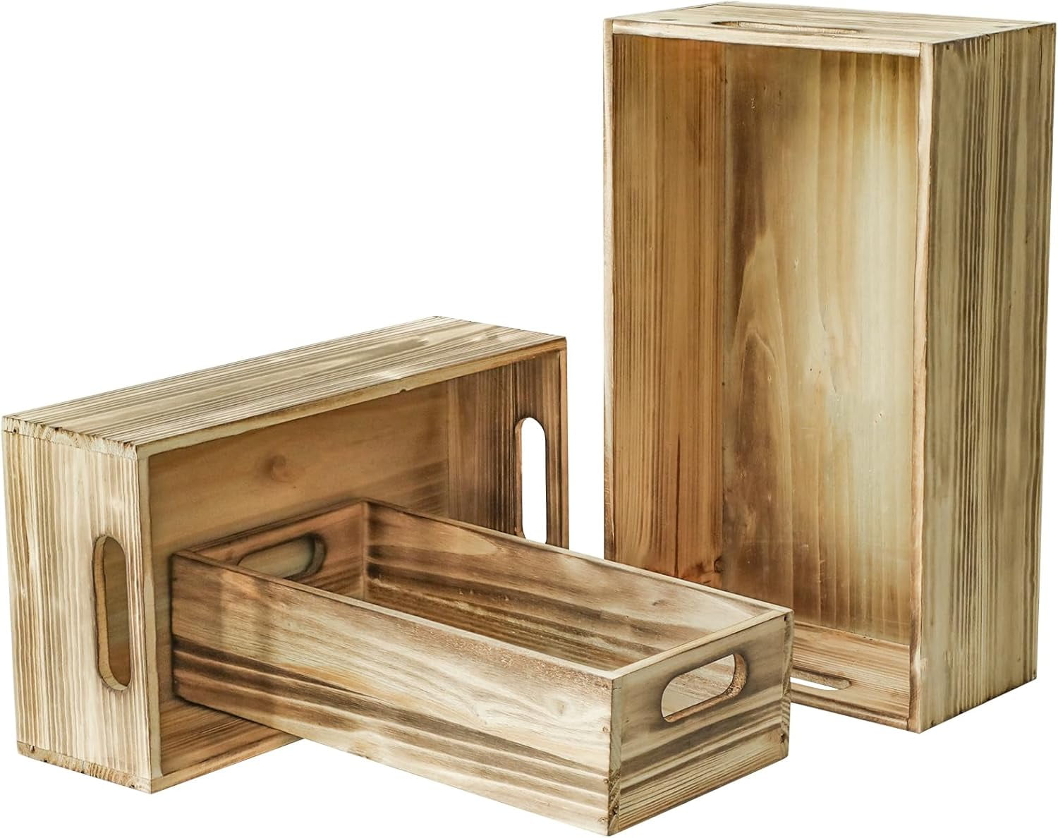Wooden Boxes, Large Wooden Crates Set of 3 Vintage Torched Brown Wooden ...