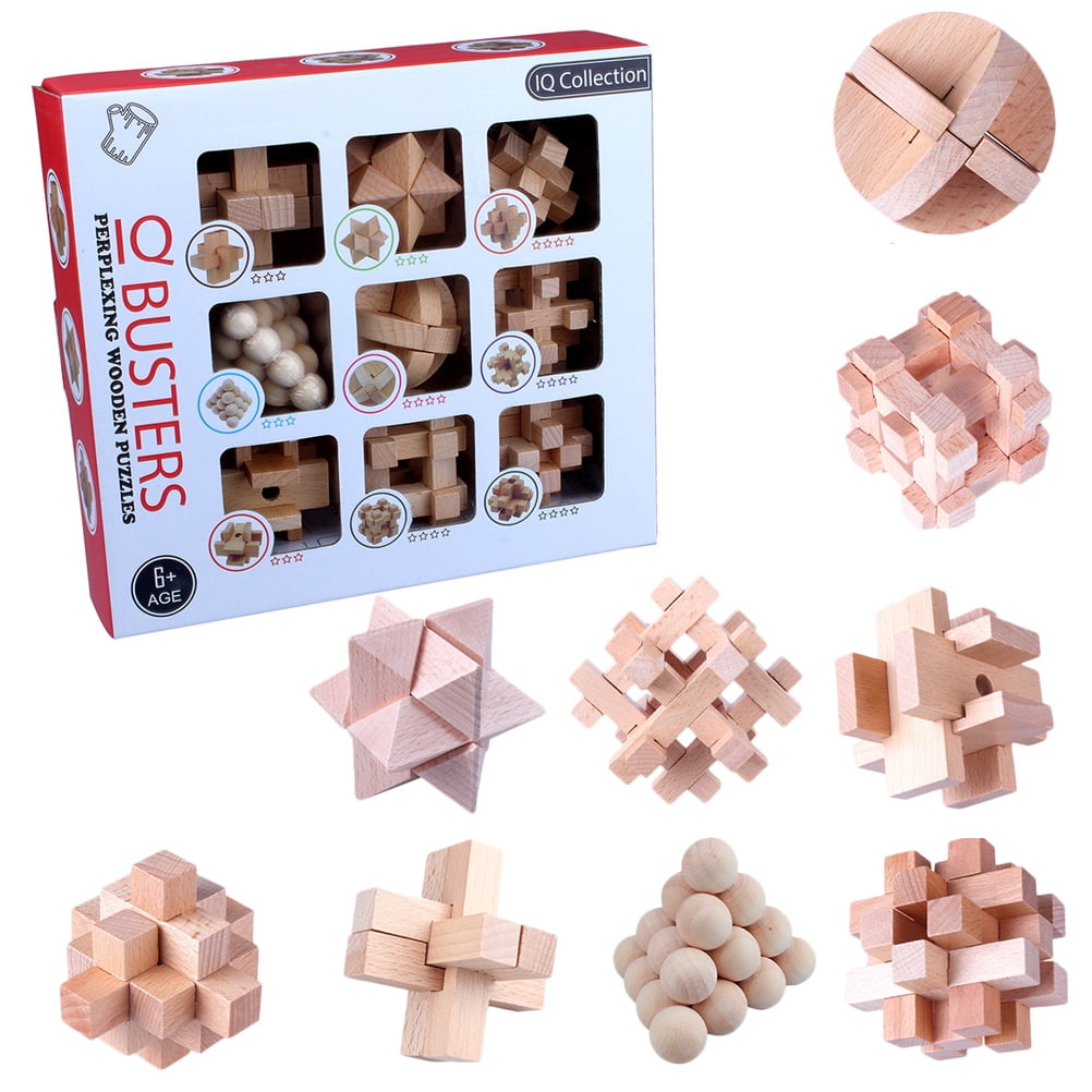 Wooden Brain Teaser Puzzle Toy Set 9 Pcs Iq Test Kong Ming Lock Disentanglement Puzzles For
