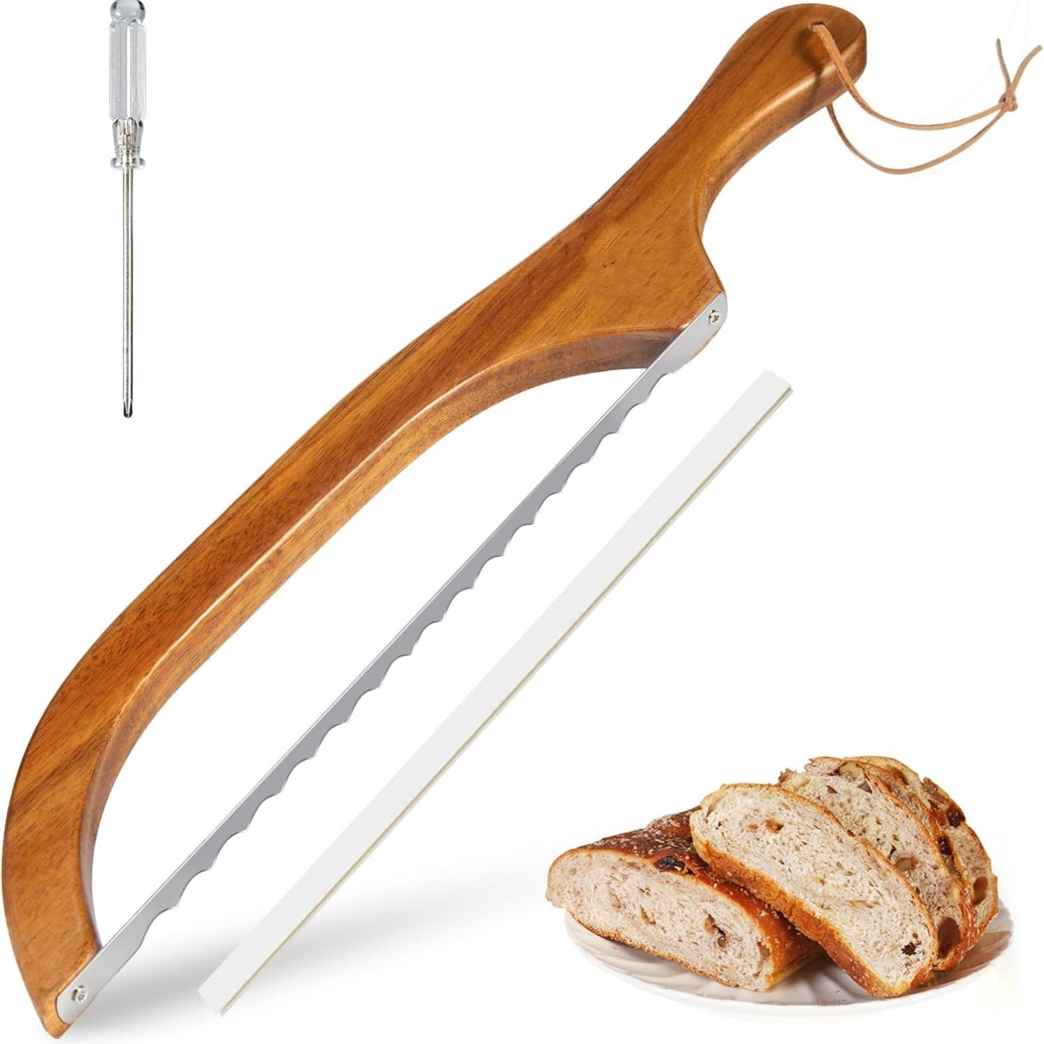 -Wooden Bread Bow Knife, Serrated Sourdough Cutter, Premium Stainless ...