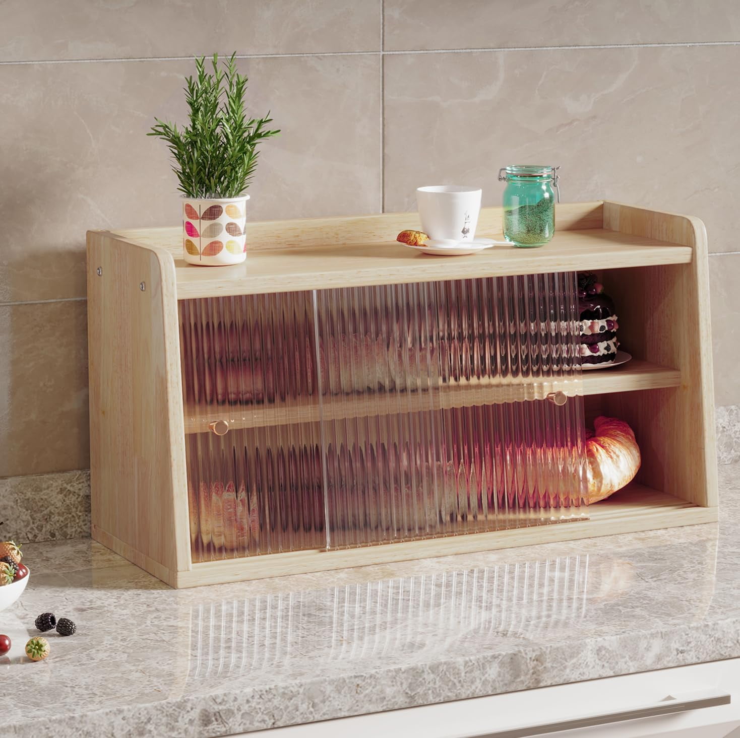 Wooden Bread Box for Kitchen Counter-Kitchen Pantry Sideboard with 2 Sliding Doors, Freestanding ...