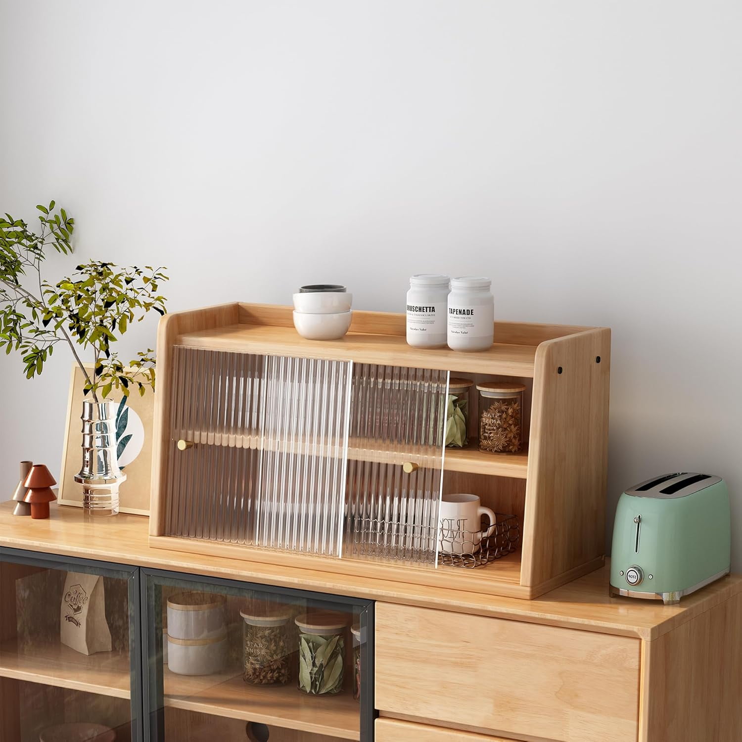 Wooden Bread Box for Kitchen Counter-Kitchen Pantry Sideboard with 2 ...