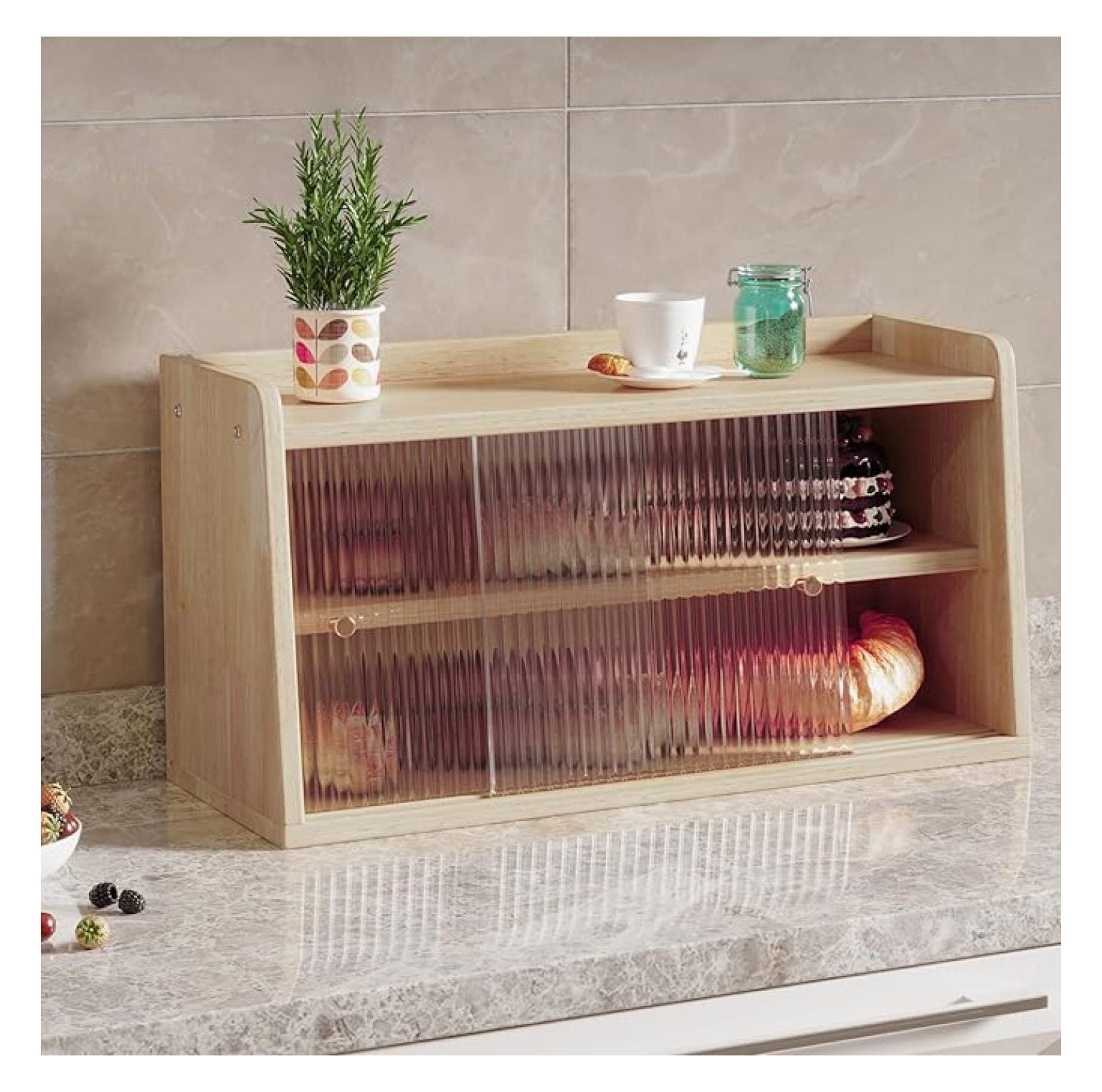 Wooden Bread Box for Kitchen Counter - Pantry Storage Cabinet with ...
