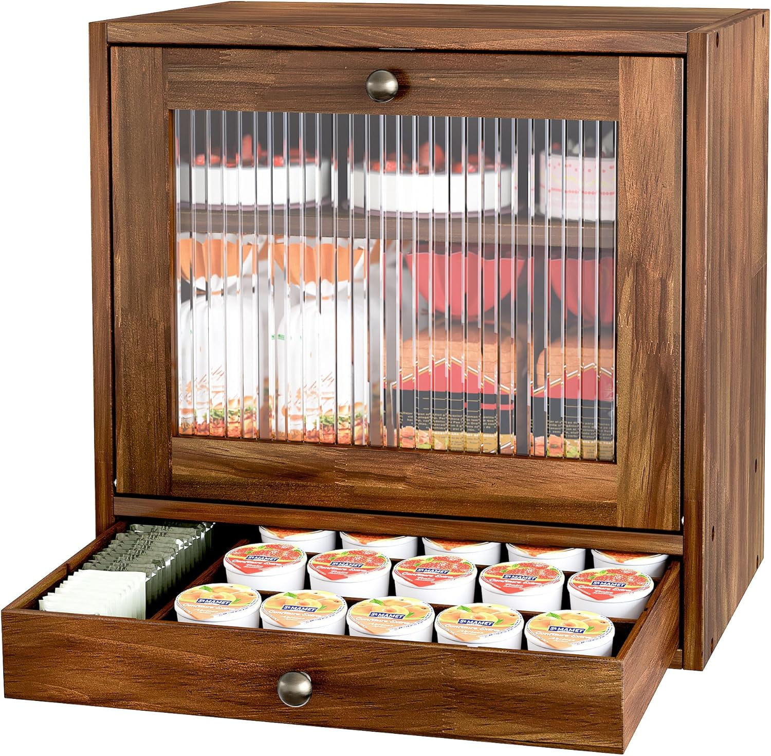 Wooden Bread Box for Kitchen Countertop - Solid Wood Adjustable Shelves ...