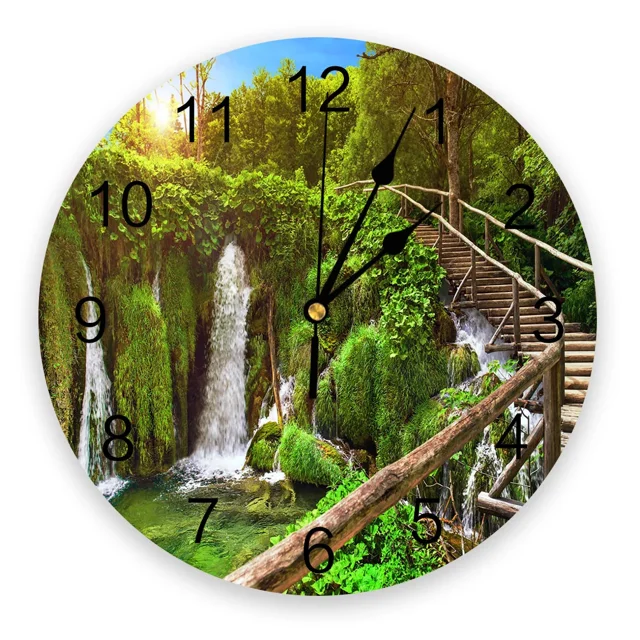 Wooden Bridge Green Plants Spring Scenery Wall Clocks Silent Home Cafe ...