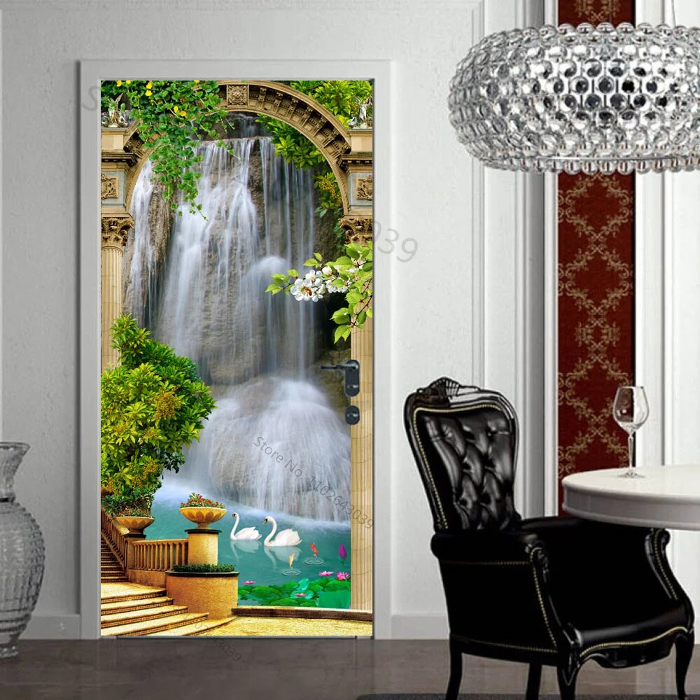 Wooden Bridge Waterfall Door Sticker Self-adhesive 3D Detachable ...