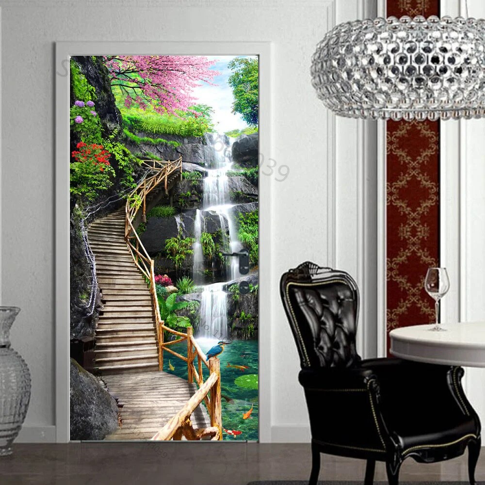 Wooden Bridge Waterfall Door Sticker Self-adhesive 3D Detachable ...