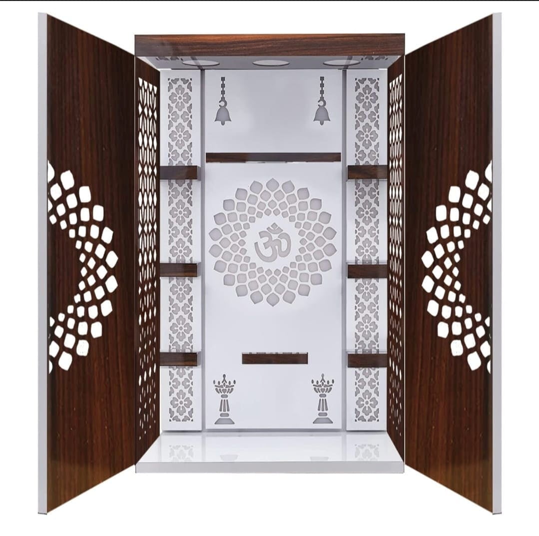 Wooden Brown Temple| Mandir with Door and LED Lights | Temple Puja ...