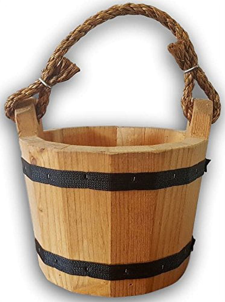 Wooden Bucket 6" x 8" Water Wishing Well Pail with Rope Twine Handle ...