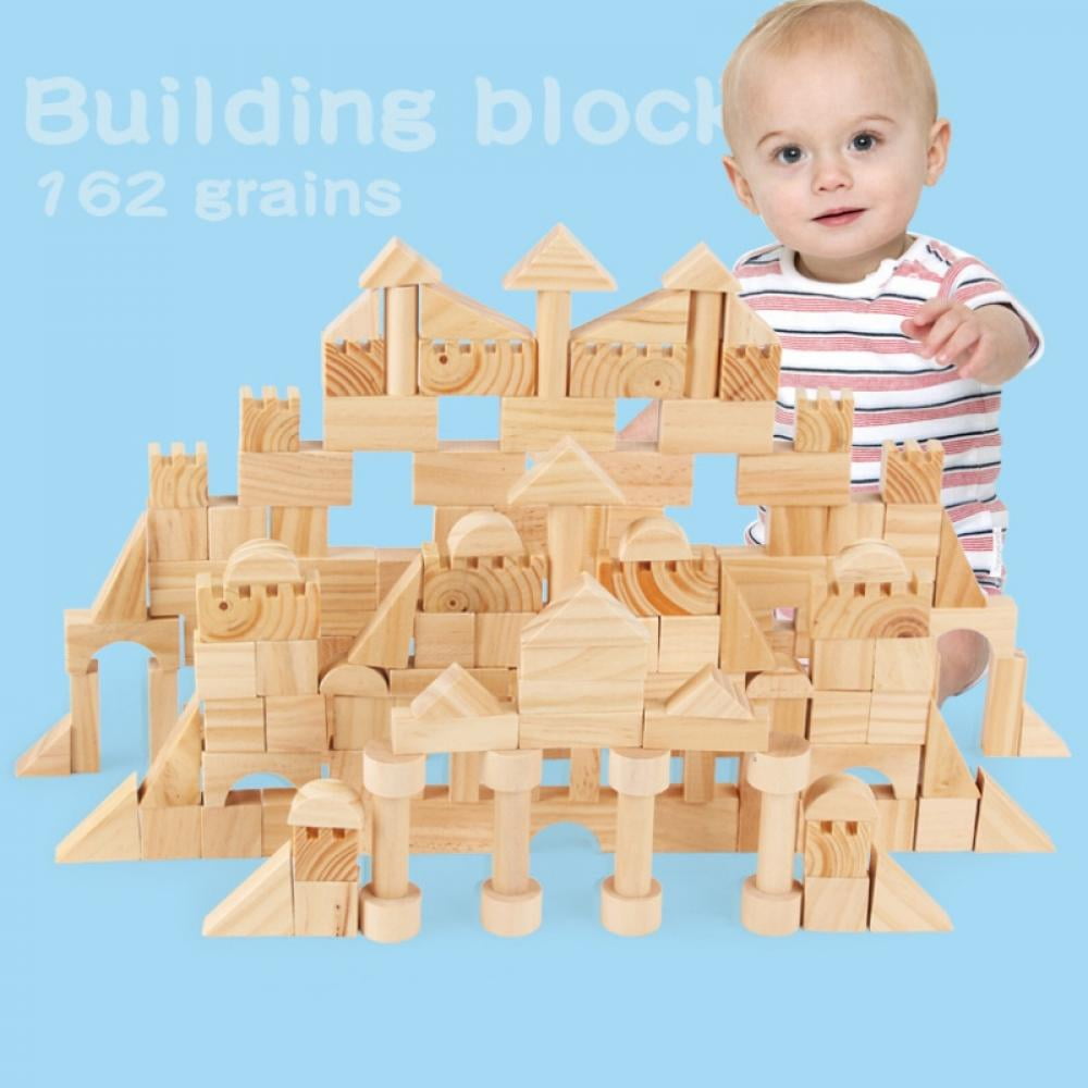 Wooden Building Blocks Set, 162 PCS Natural Wood Stacking Block Toy ...