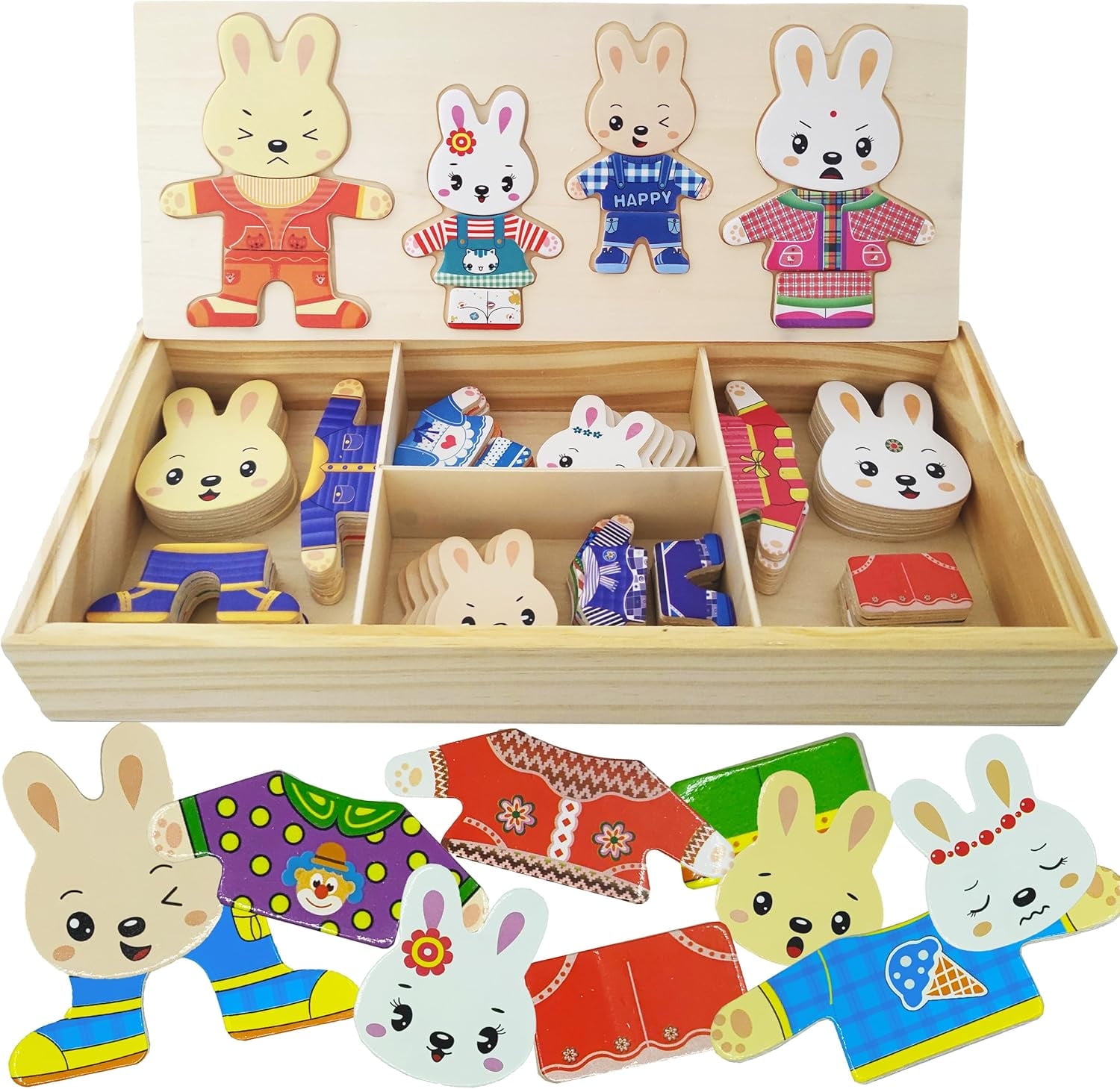 Wooden Bunny Family Dress-up Puzzle Box for Toddlers(72pcs),Change ...
