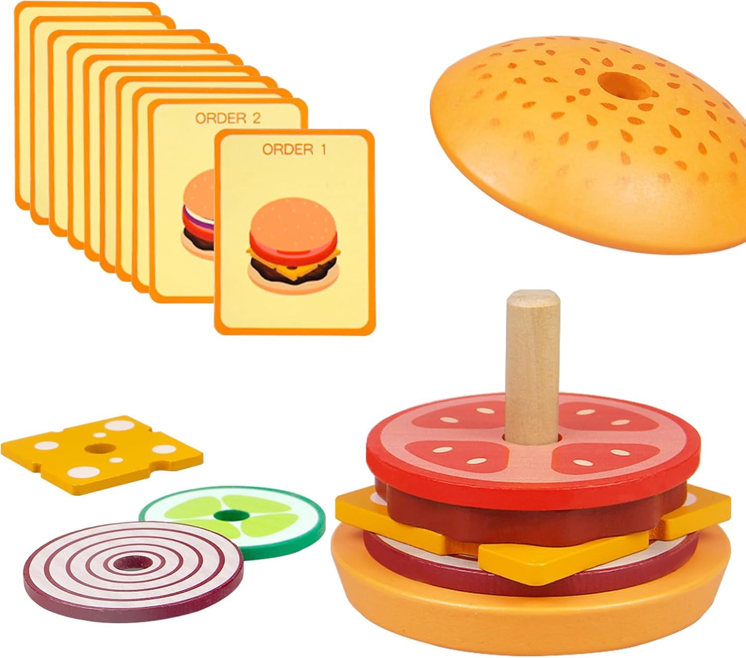 Pajojoqa Wooden Burger Stacking Toys, 7-piece Preschool Activity ...