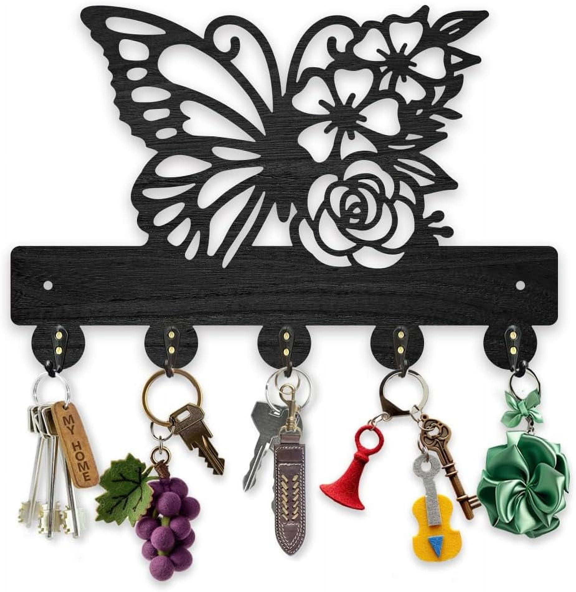 Wooden Butterfly Flowers Wall Mounted Key Rack 11.8x7.8inch Natural ...