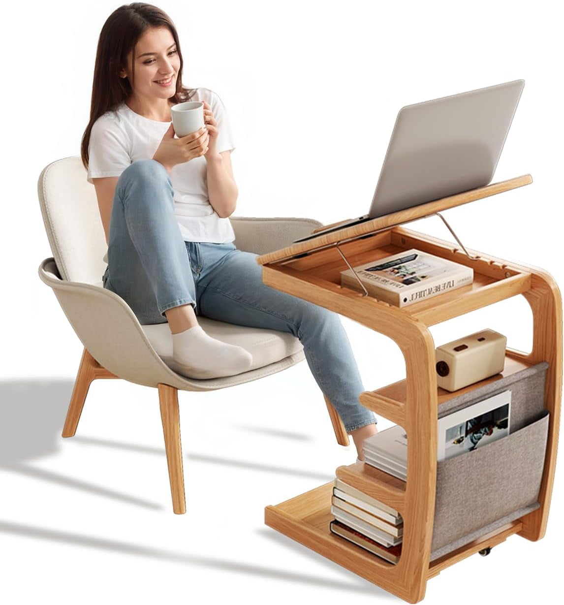 Wooden C-Shaped End Table,Couch Desk with 2 Lockable Wheels,4-Tier ...