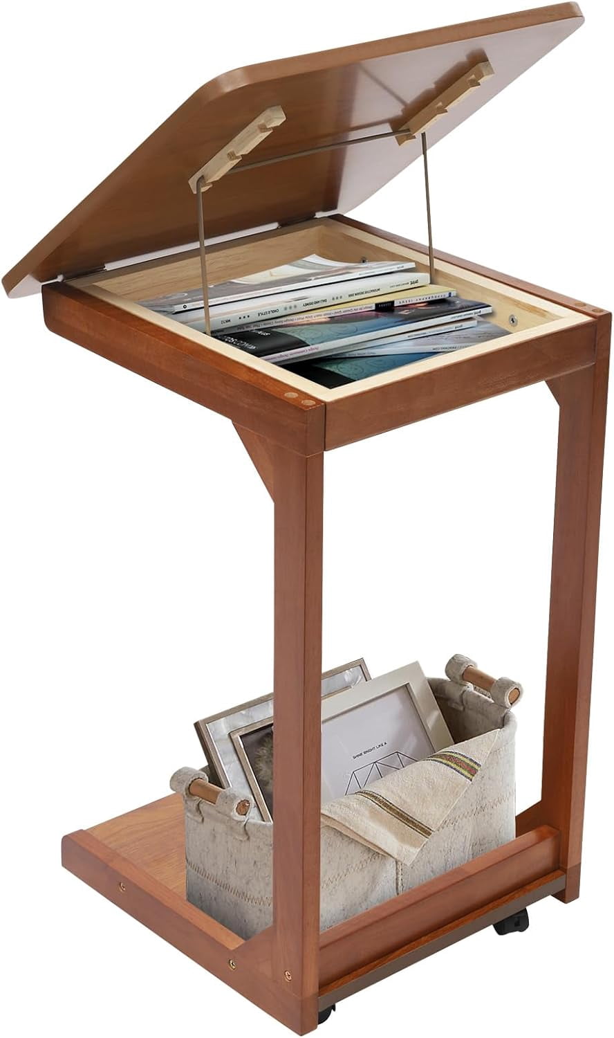 Wooden C Shaped Side Table with Wheels, Removable Flip-top Table 2-Tier ...