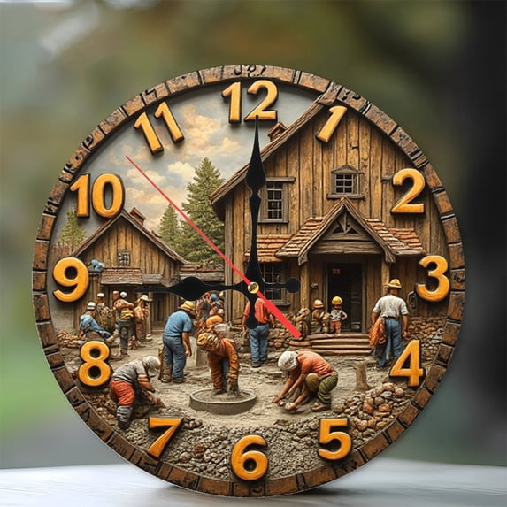 Wooden Cabin Construction Workers Wall Clock 10-Inch Silent Wooden Wall ...