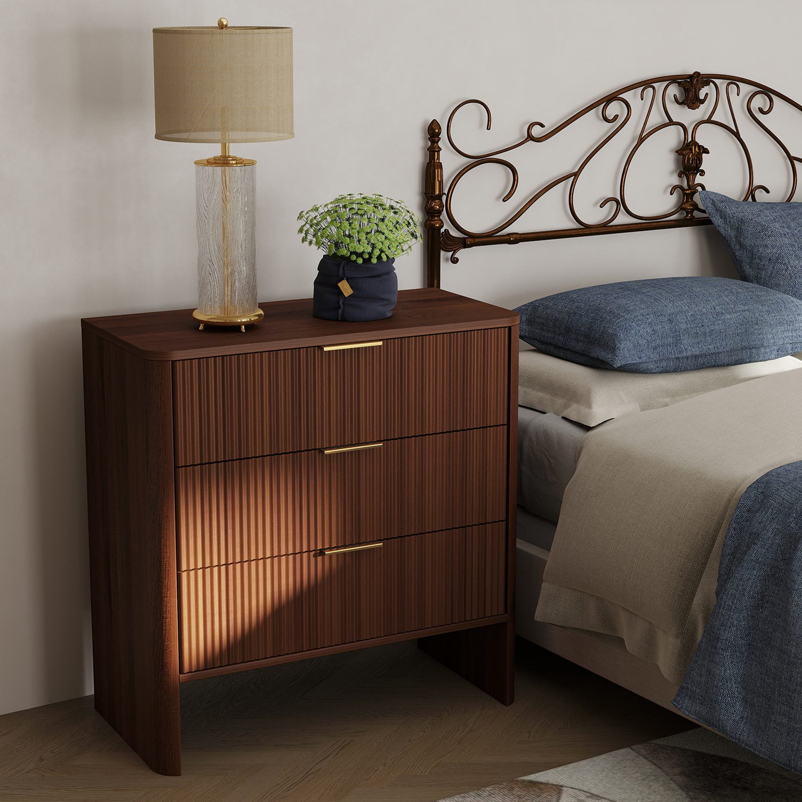 Wooden Cabinet with 3 Drawers Wavy Pattern Modern Bedside Cupboard ...