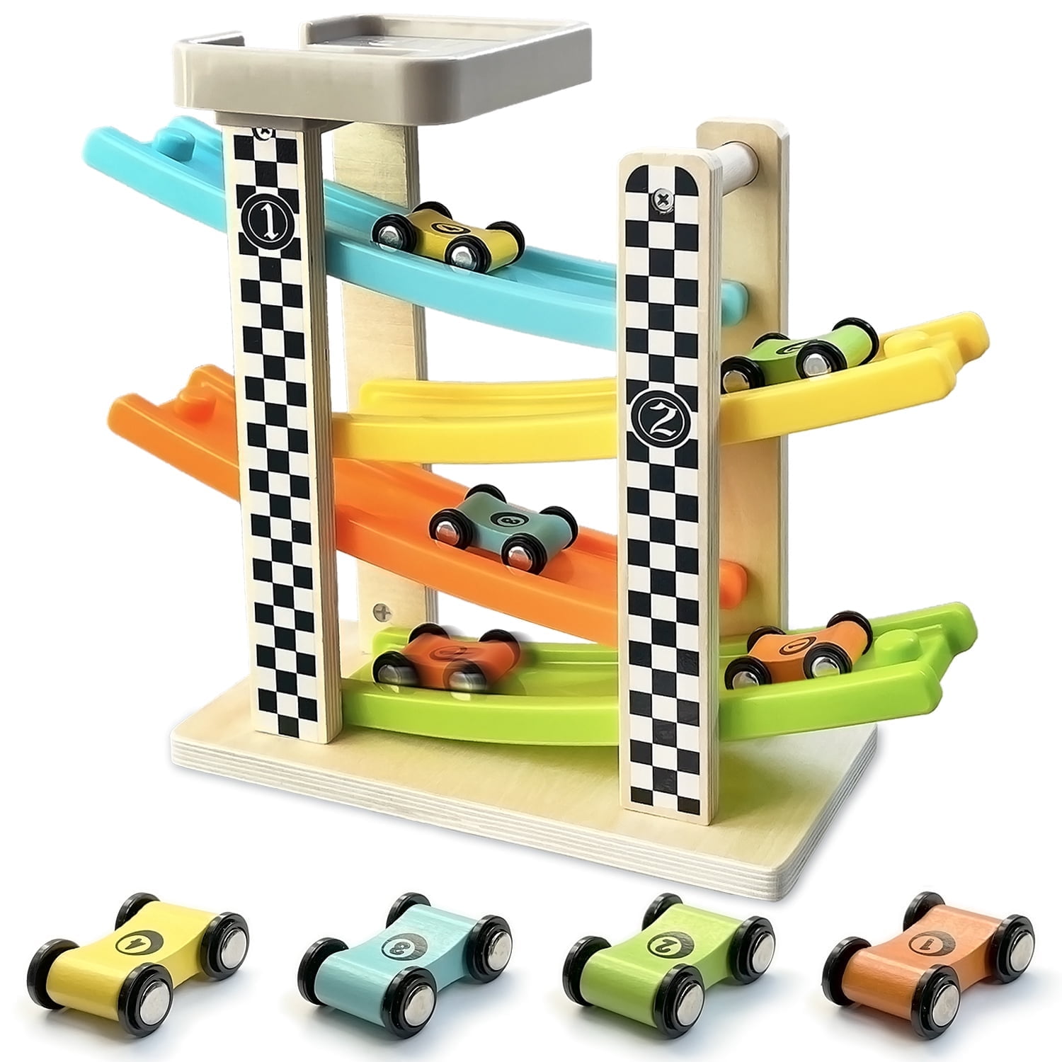 Wooden Car Ramp Toy Set for 1-3 Year Olds, Montessori Toddler Race ...