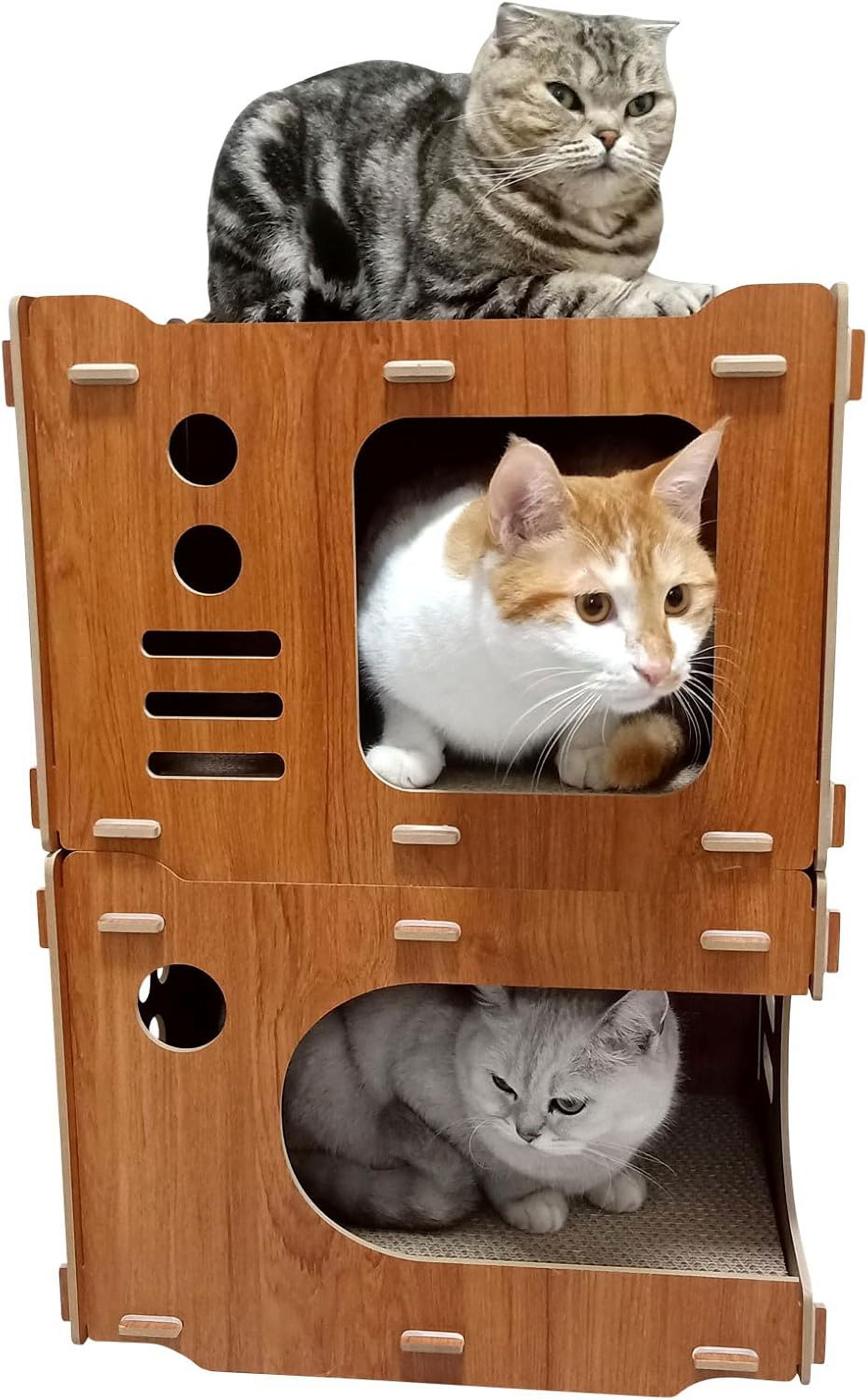 Wooden Cardboard Cat House 2 Story with 4 PCS Cat Scratch Pads Wood Cat ...