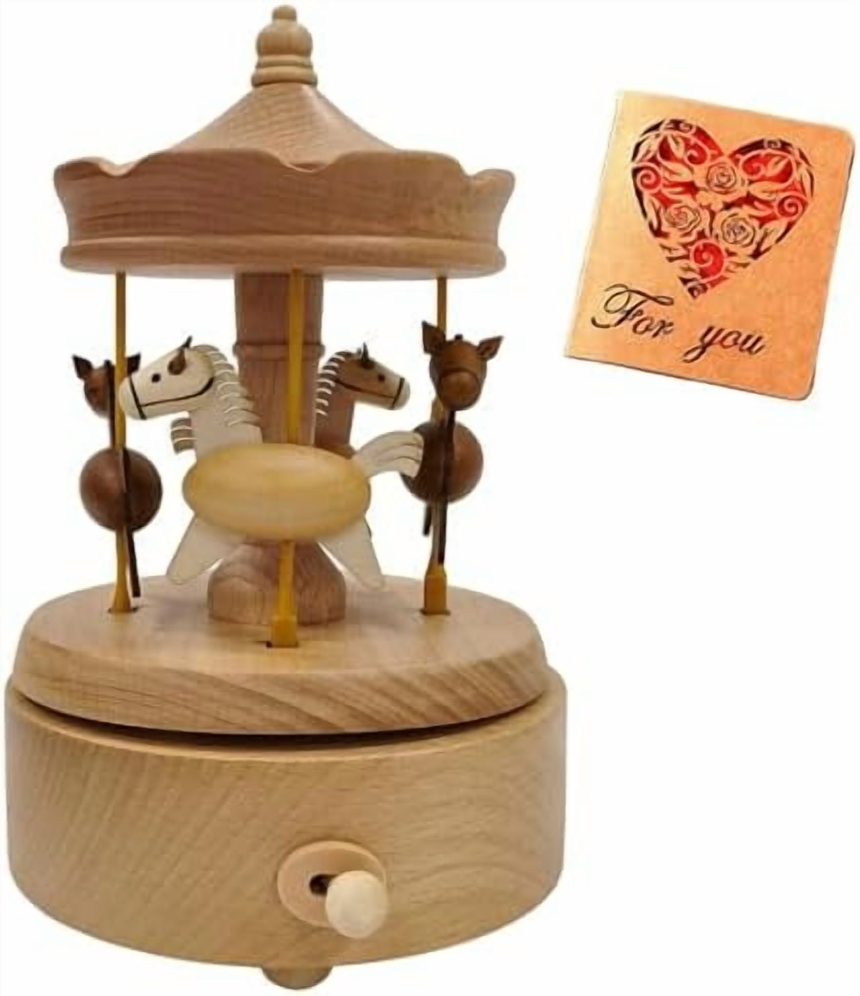 Wooden Carousel Music Box with Moving & Elevating Horses, Rotating Wind ...