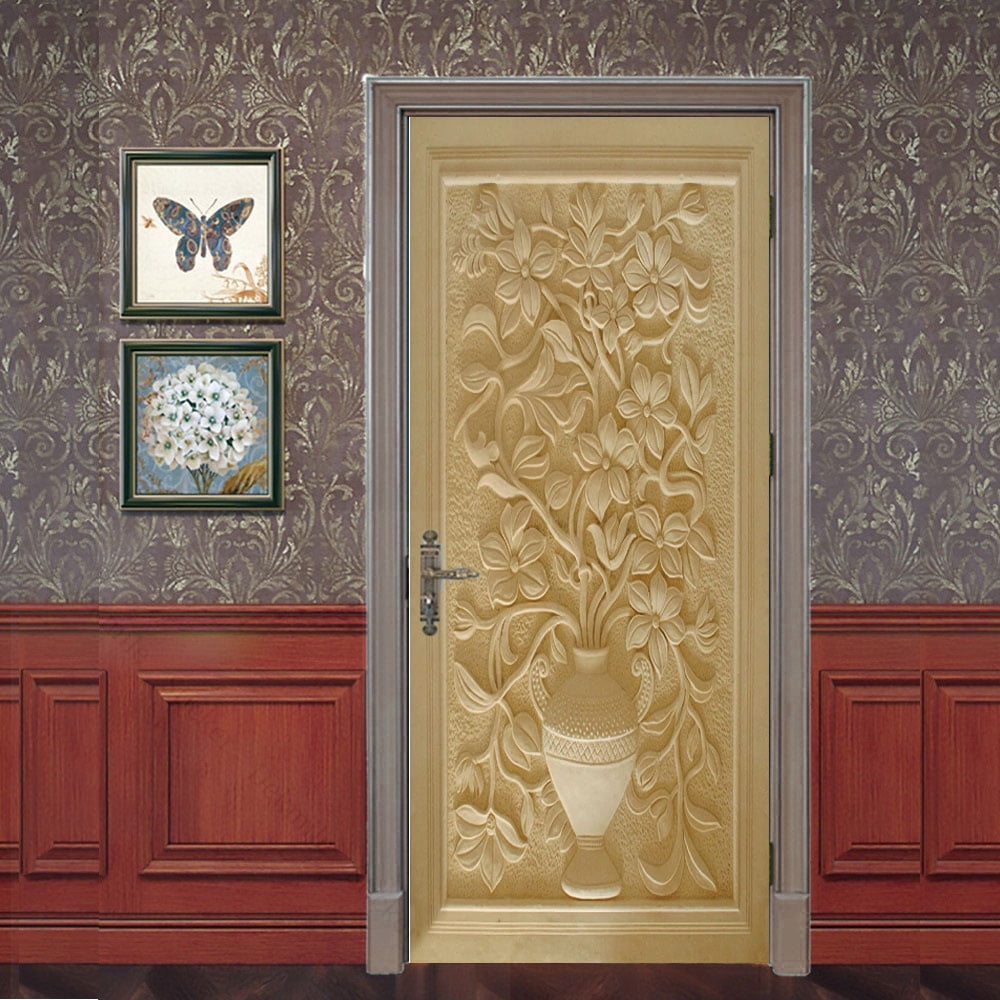 Wooden Carved Curved Flowers Wallpaper Retro Scenery 3D Door Stickers ...