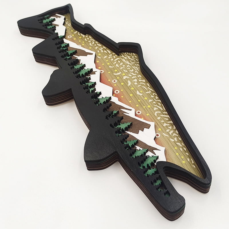 Wooden Carved Salmon Fish Statue Rustic Carving Hollow Multi-Layer ...
